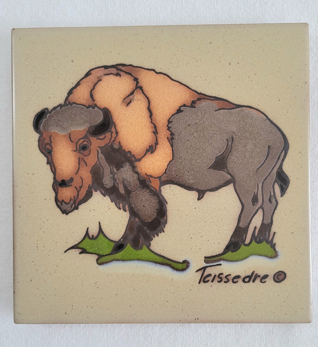 Buffalo Tile Art Trivet Cleo Teissedre USA 6" X 6" Vintage Hand Painted ...