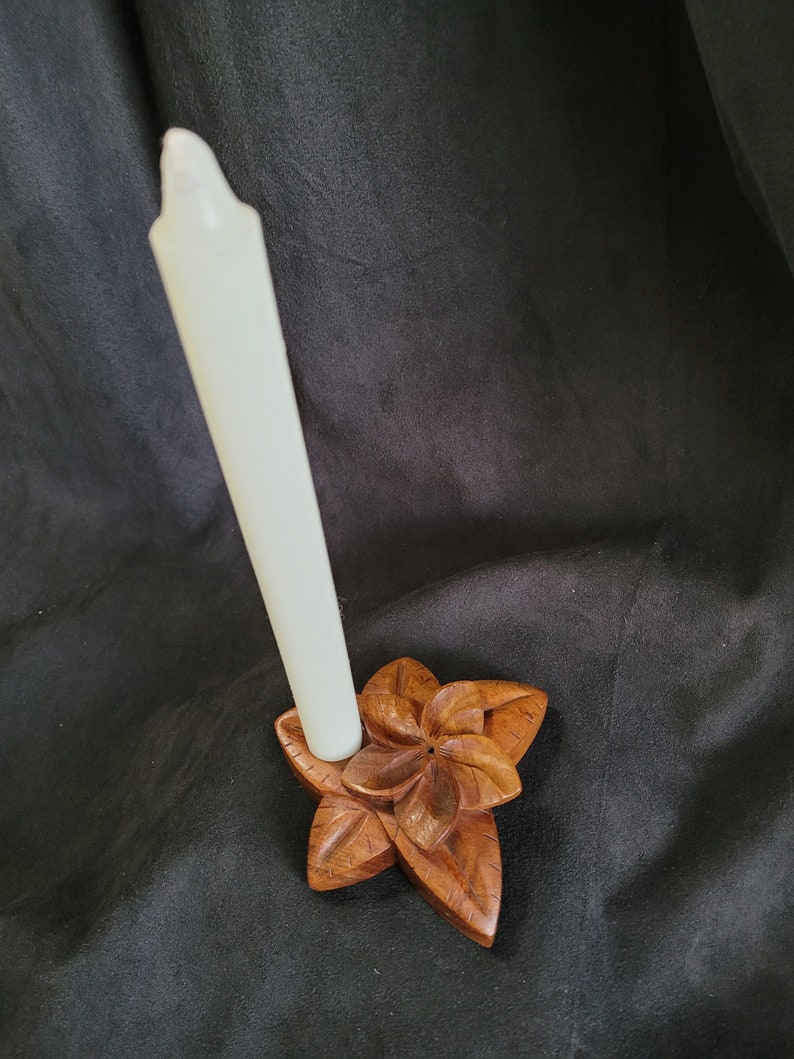 Vintage Carved Koa Wood TIKI Flower Candle Holder Pikake Flower Hawaii ...