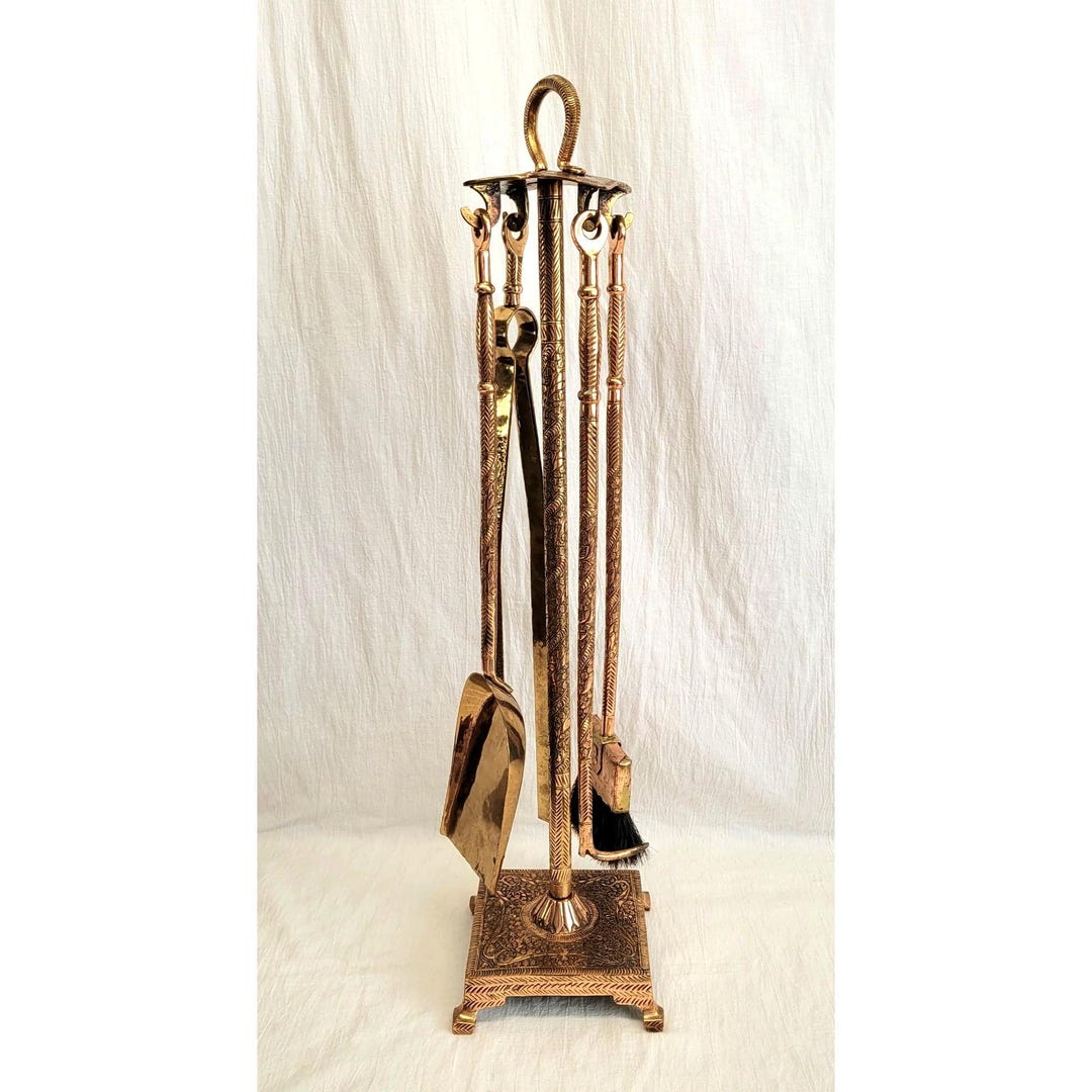 Antique Engraved Copper Fireplace Tool 5 Pc Set With Stand ...