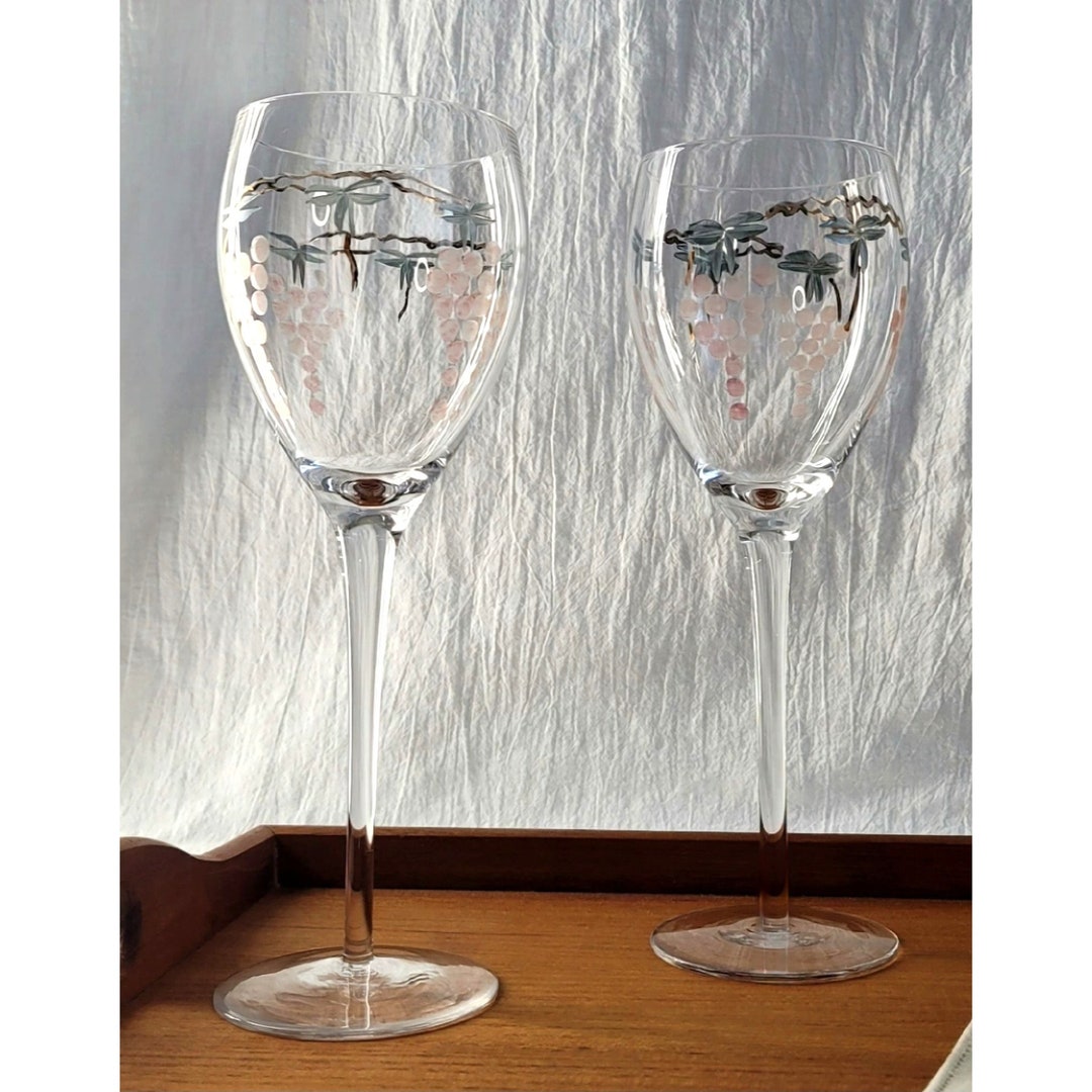 2 Rosenberg Romanian Crystal Painted Colored Etched Wine Glasses Grape ...