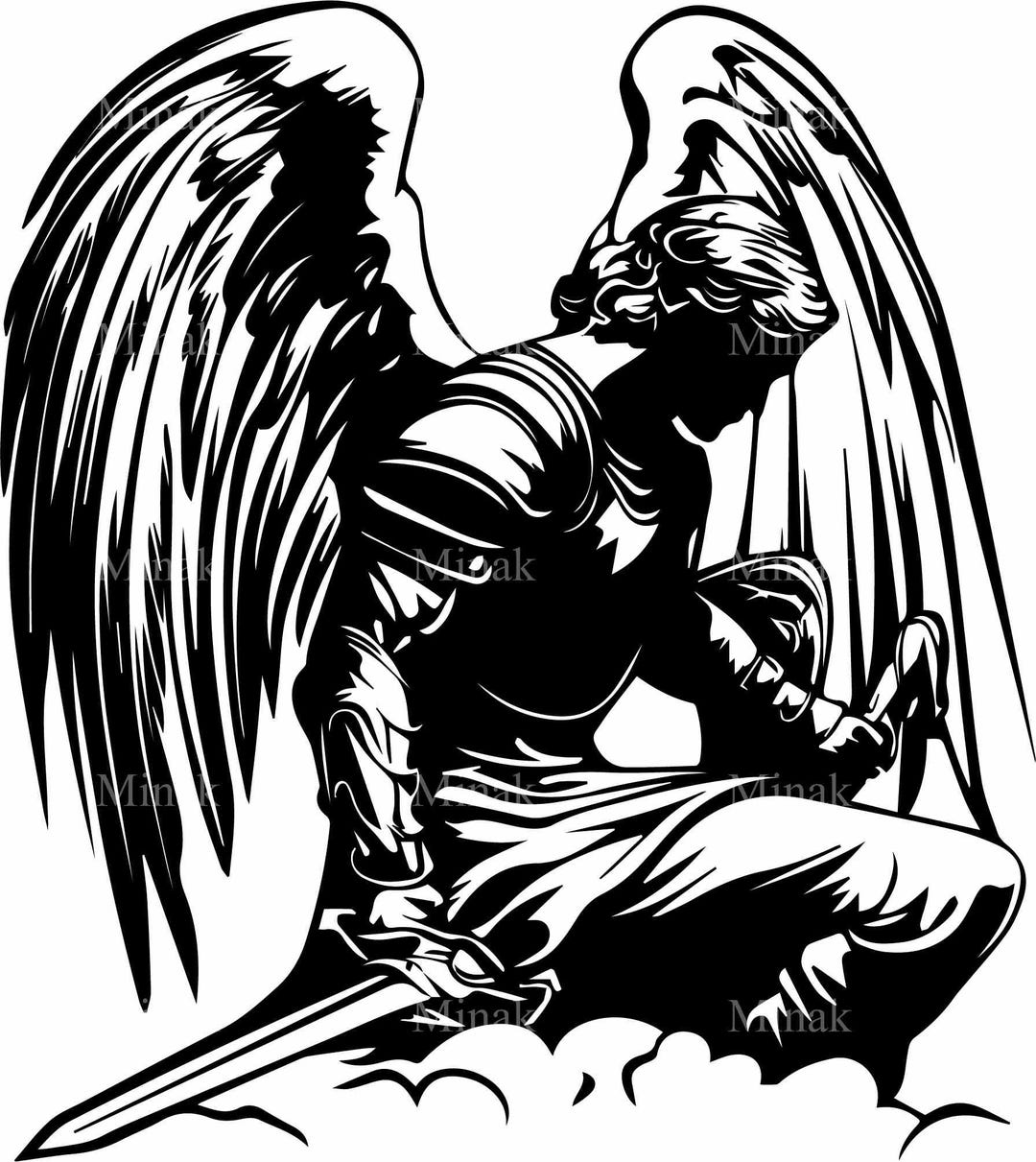 4 Kneeling Archangel SVG Cut File - Warrior Angel With Sword and Large ...