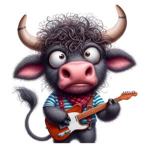 10 Rockstar Highland Cow Clipart PNG | Cute Cow With Guitar and Leather ...