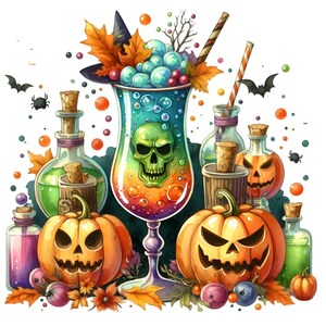 Halloween Potion Drinks With Skulls and Pumpkins Watercolor Clipart 14 ...