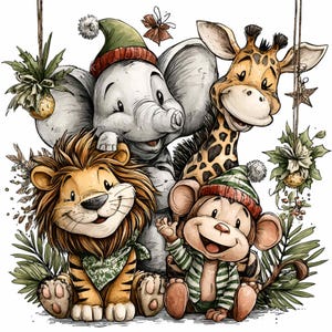 10 PNG Safari Animals Christmas Clipart – Cute Zoo PNG – Digital ...