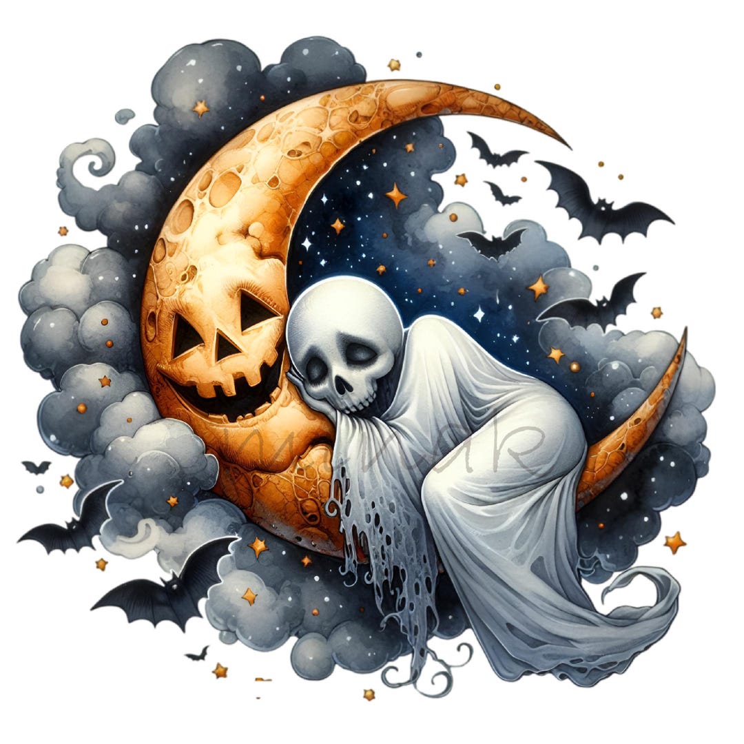 Spooky Halloween Ghost Clipart With Crescent Moon, Bats, and Stars 10 ...