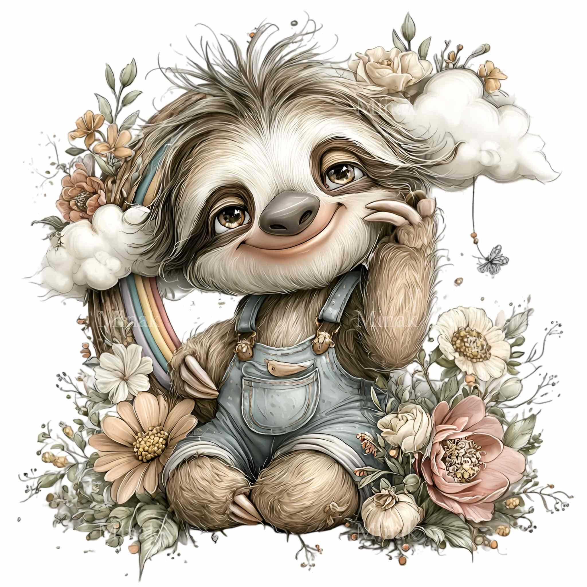 15 PNG Watercolor Sloth Clipart, Floral Rainbow Sublimation Design - Etsy