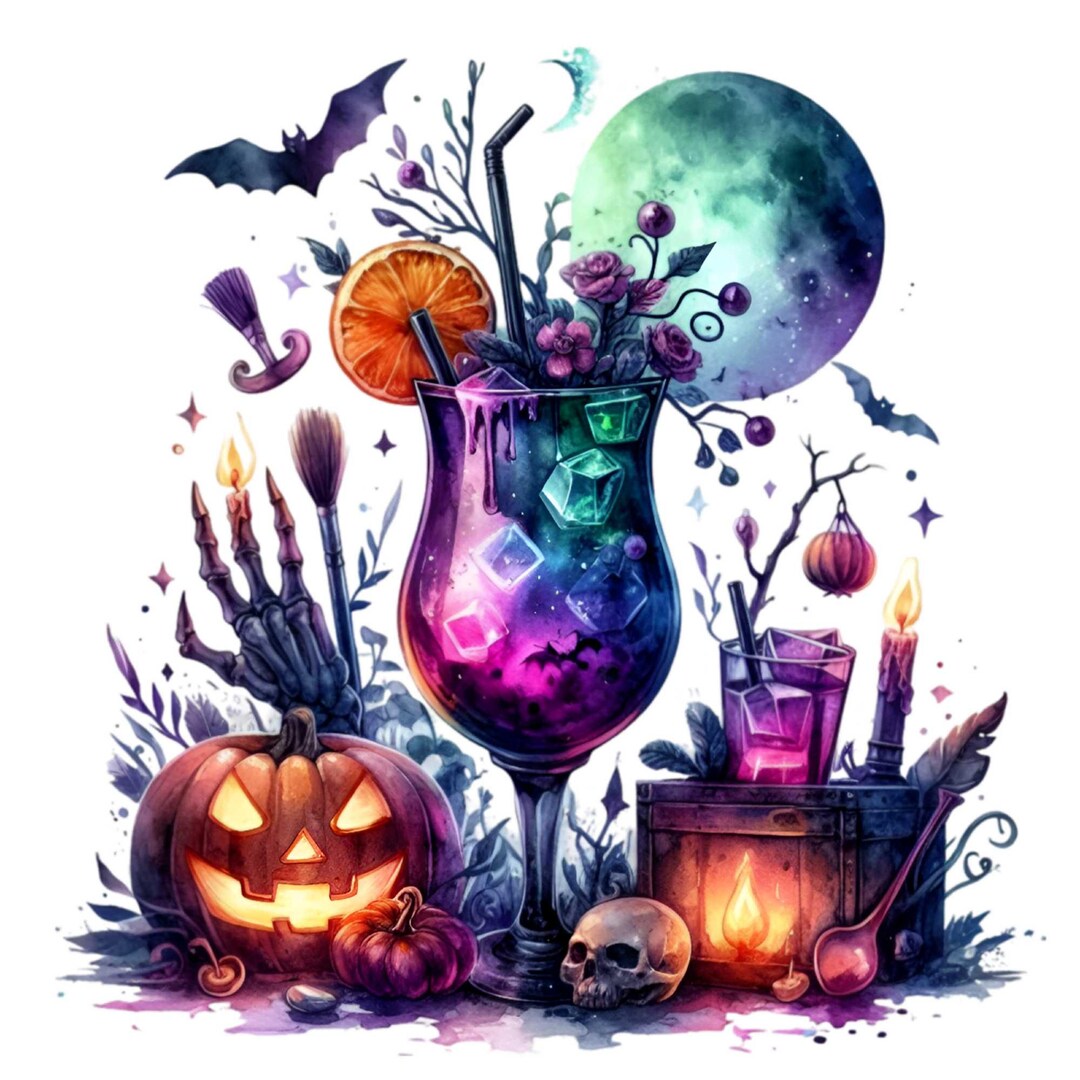 Witch's Brew Halloween Cocktail Watercolor Clipart 10 Spooky Drink Art ...