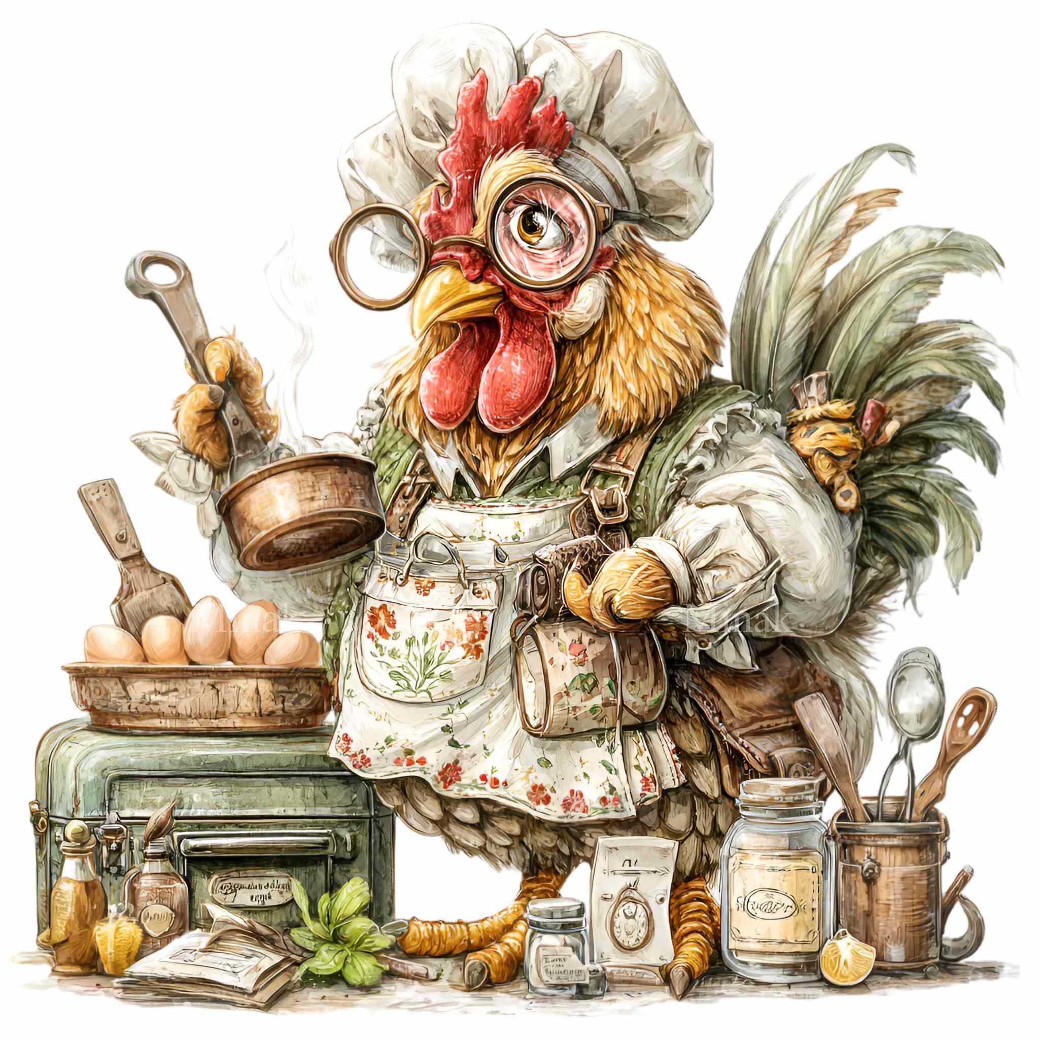 10 PNG Chicken Baker Illustration – Hen Chef Clipart, Whimsical Farm ...