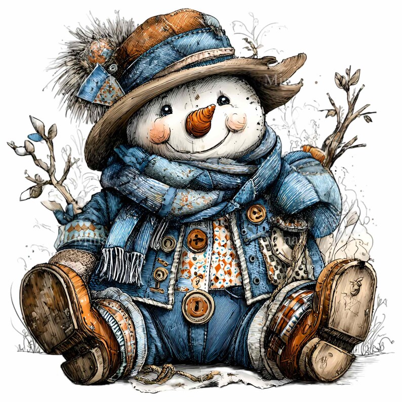 12 PNG Snowman Family Winter Patchwork Blue Holiday Clipart - Etsy