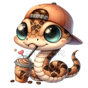 15 Funny Snake Drinking Coffee Cartoon Clipart Printable Digital Comics ...
