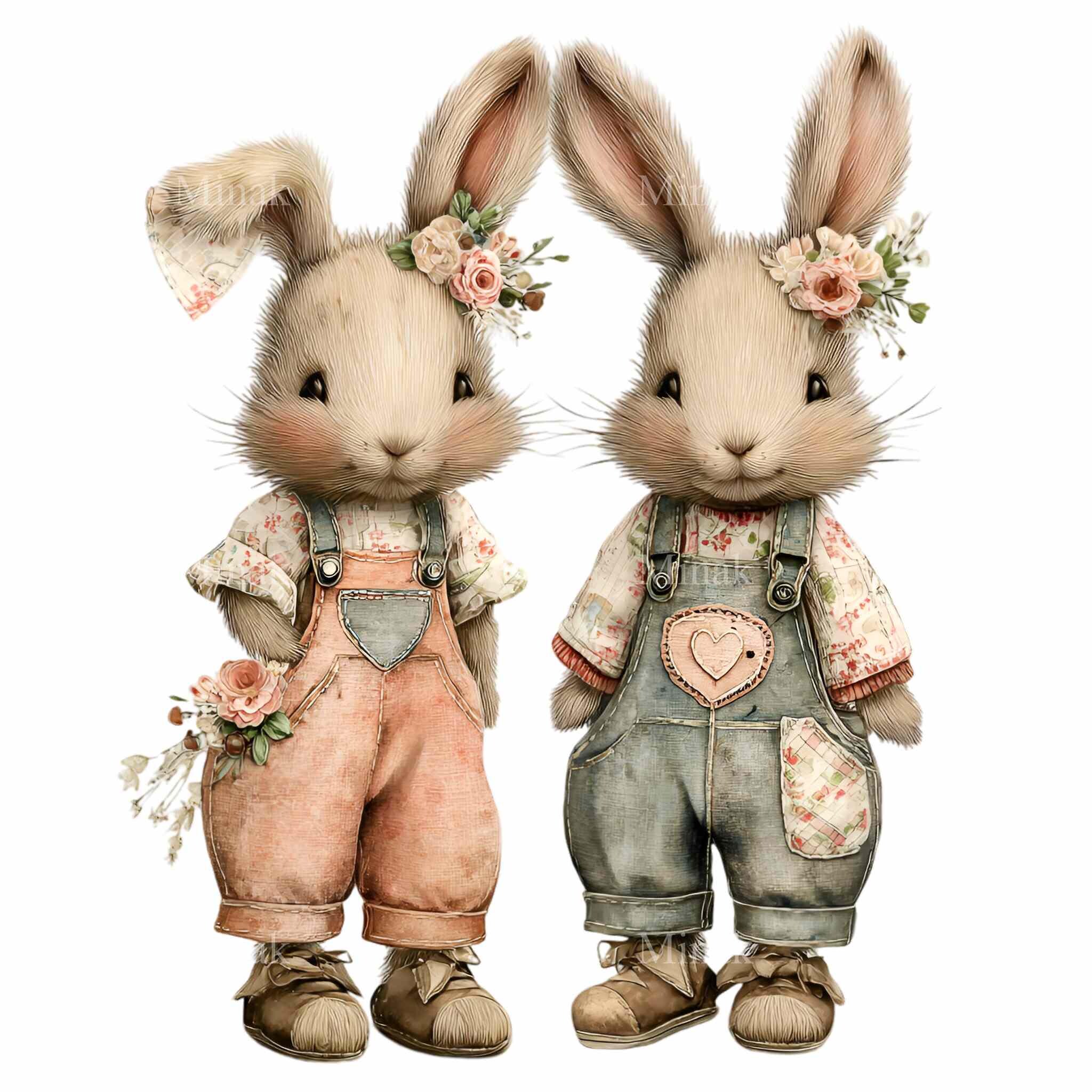 15 PNG Watercolor Bunny Couple Clipart – Woodland Rabbits in Overalls ...