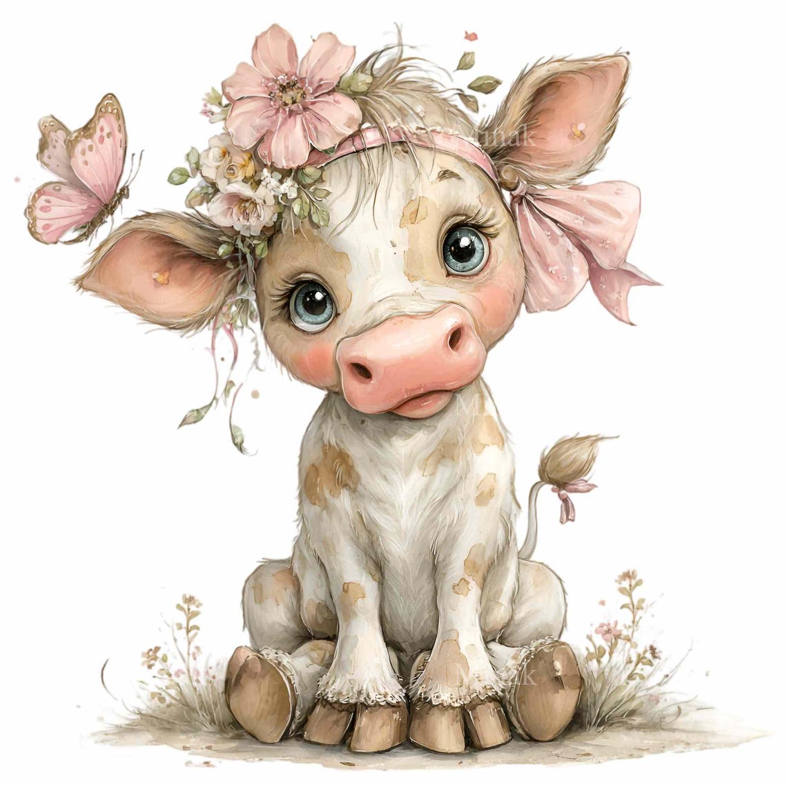 16 PNG Baby Cow , Floral Calf Clipart With Overalls, Spring Farm Animal ...
