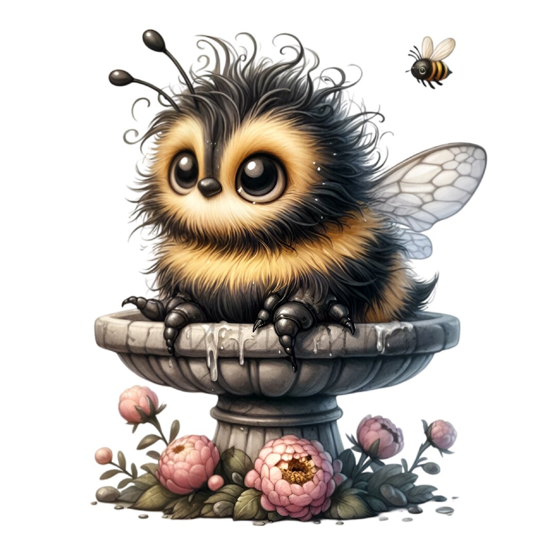 12 Fluffy Bee PNG Clipart, Cute Bee With Big Eyes Sitting in Birdbath ...