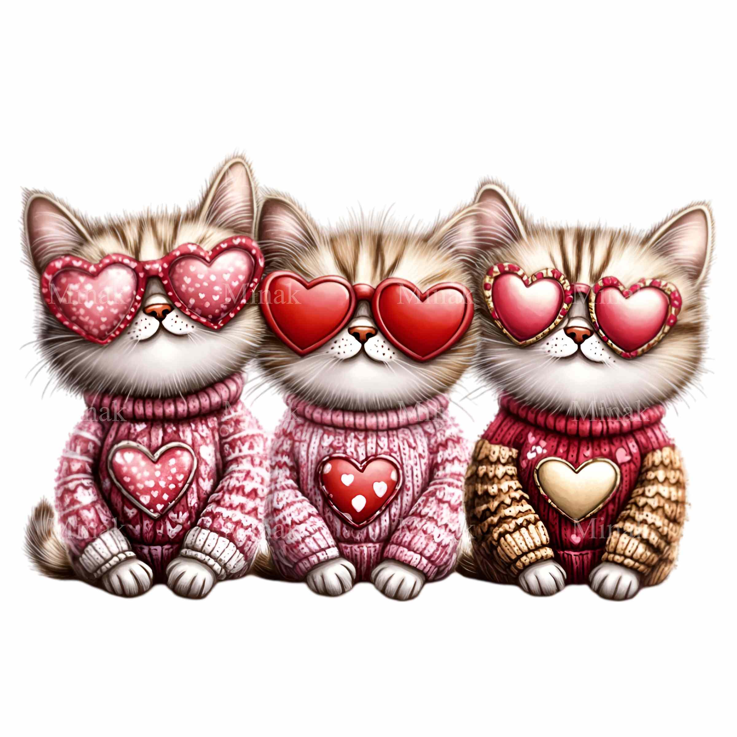 12 PNG Valentine Cats Clipart – Three Kittens With Heart Glasses and ...