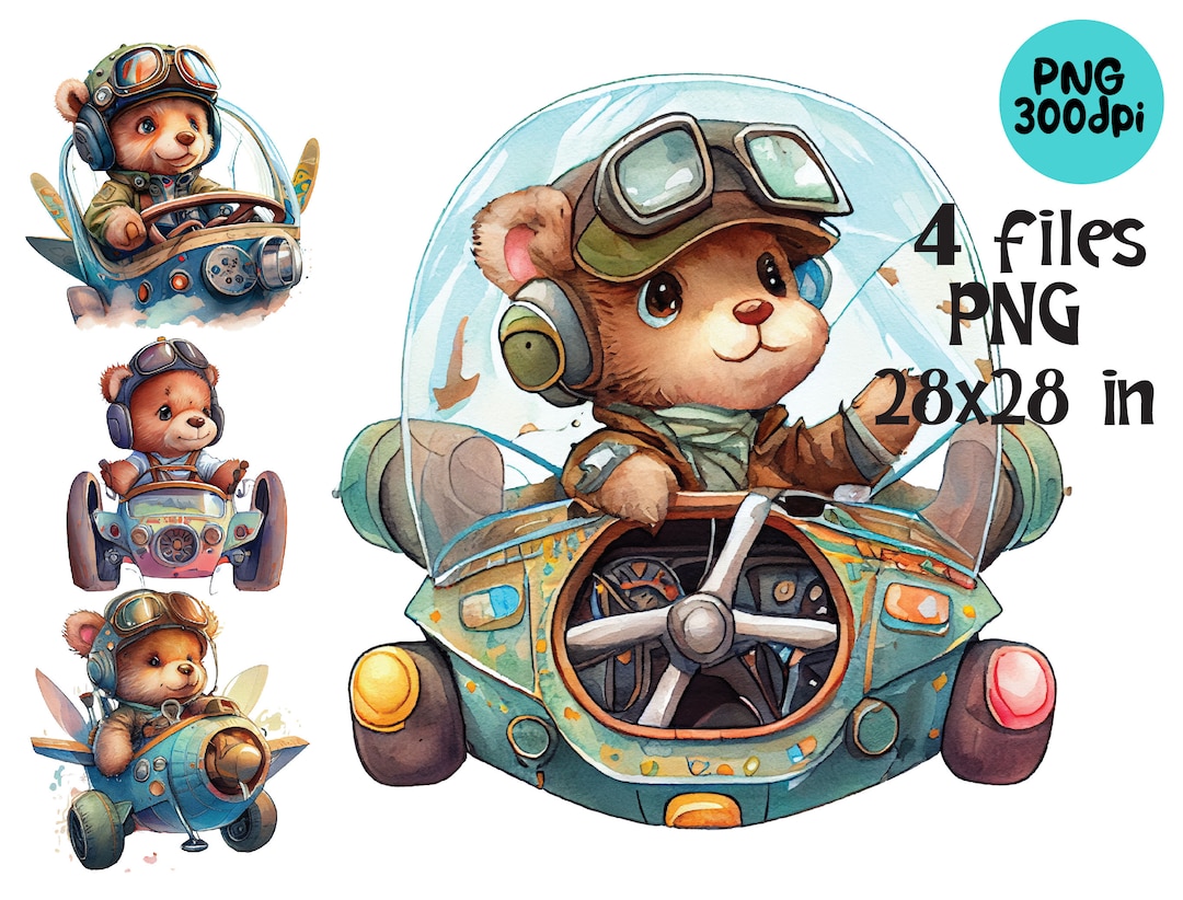 Aviator Bear Clipart PNG Watercolor Boy Pilot Character - Etsy