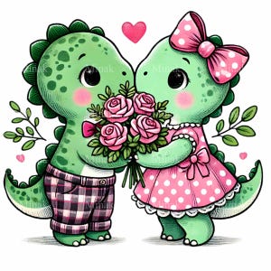 10 Romantic Dinosaur Couple PNG Clipart, Cute Dino With Roses Digital ...