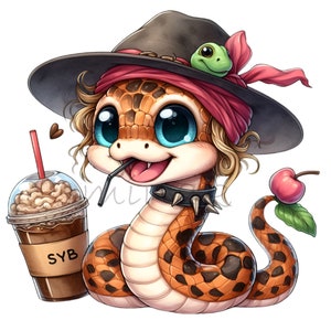 15 Funny Snake Drinking Coffee Cartoon Clipart Printable Digital Comics ...