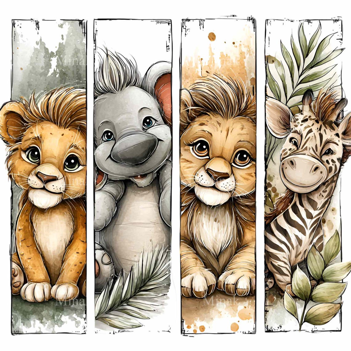 15 PNG Safari Nursery Clipart Set – Lion Giraffe Elephant Zebra Panels ...