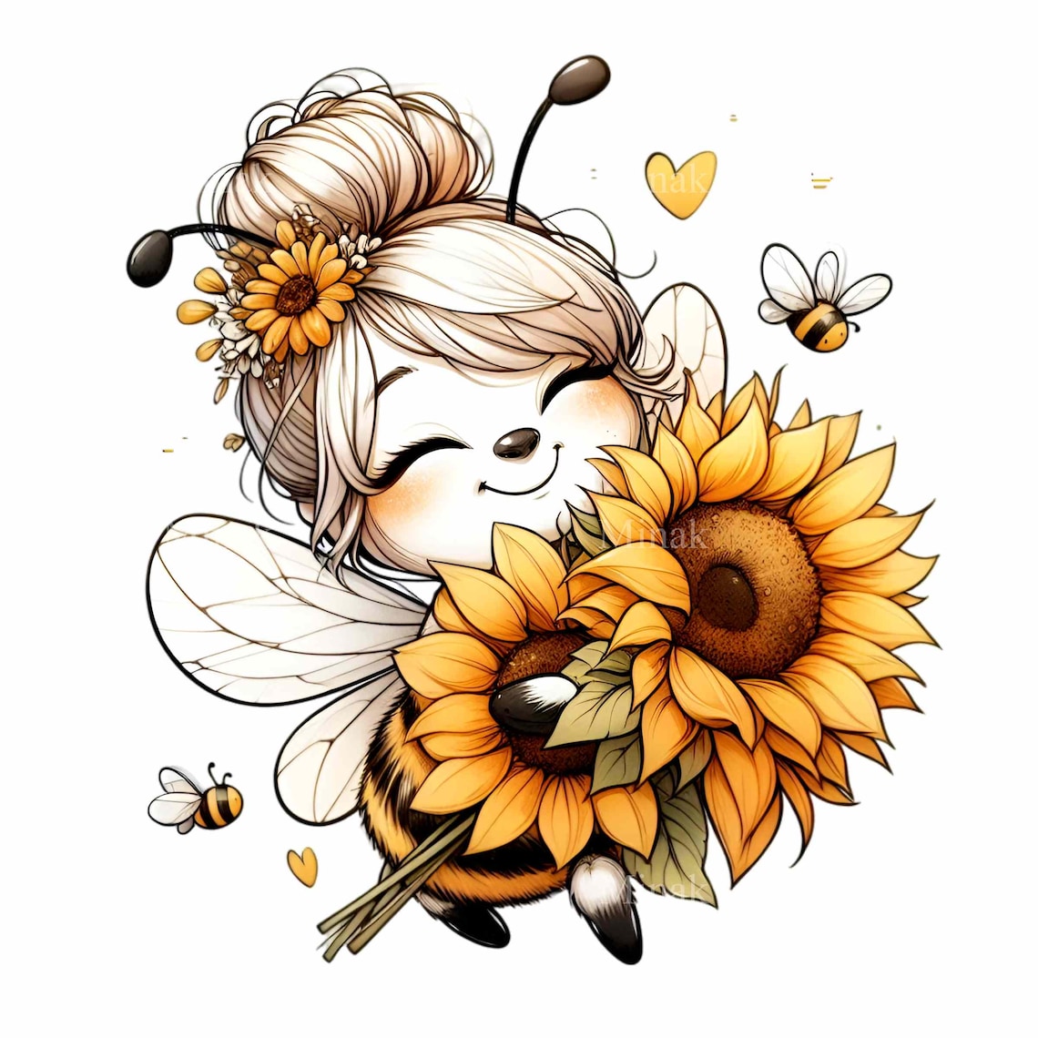 10 PNG Messy Bun Bee Sunflower Clipart, Honeybee Sublimation, Floral ...