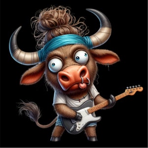 10 Rockstar Highland Cow Clipart PNG | Cute Cow With Guitar and Leather ...