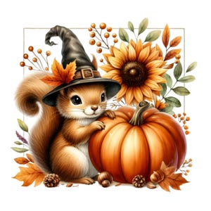 12 Fall Squirrel PNG Clipart – Cute Squirrel With Witch Hat, Pumpkins ...