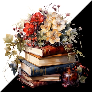 Vintage Book Stack PNG Clipart | 10 Floral Books Arrangement | Elegant ...
