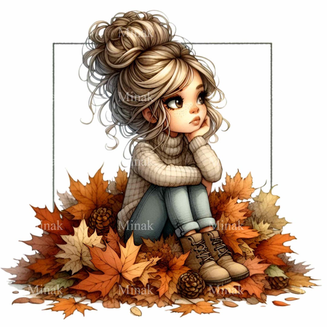 15 Fall Girl Clipart PNG, Cute Girl Sitting in Autumn Leaves, Sweater ...