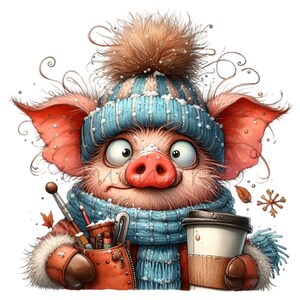 Funny Pig Drinking Coffee 12 PNG Comics Quirky Winter Animal Cartoon ...