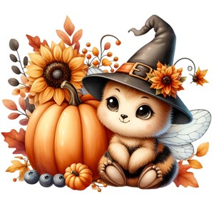 12 Halloween Bee PNG Clipart – Cute Bumblebee With Witch Hat, Pumpkin ...