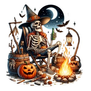 Skeleton Camping Halloween Clipart PNG 14 Spooky Campfire Scene With ...