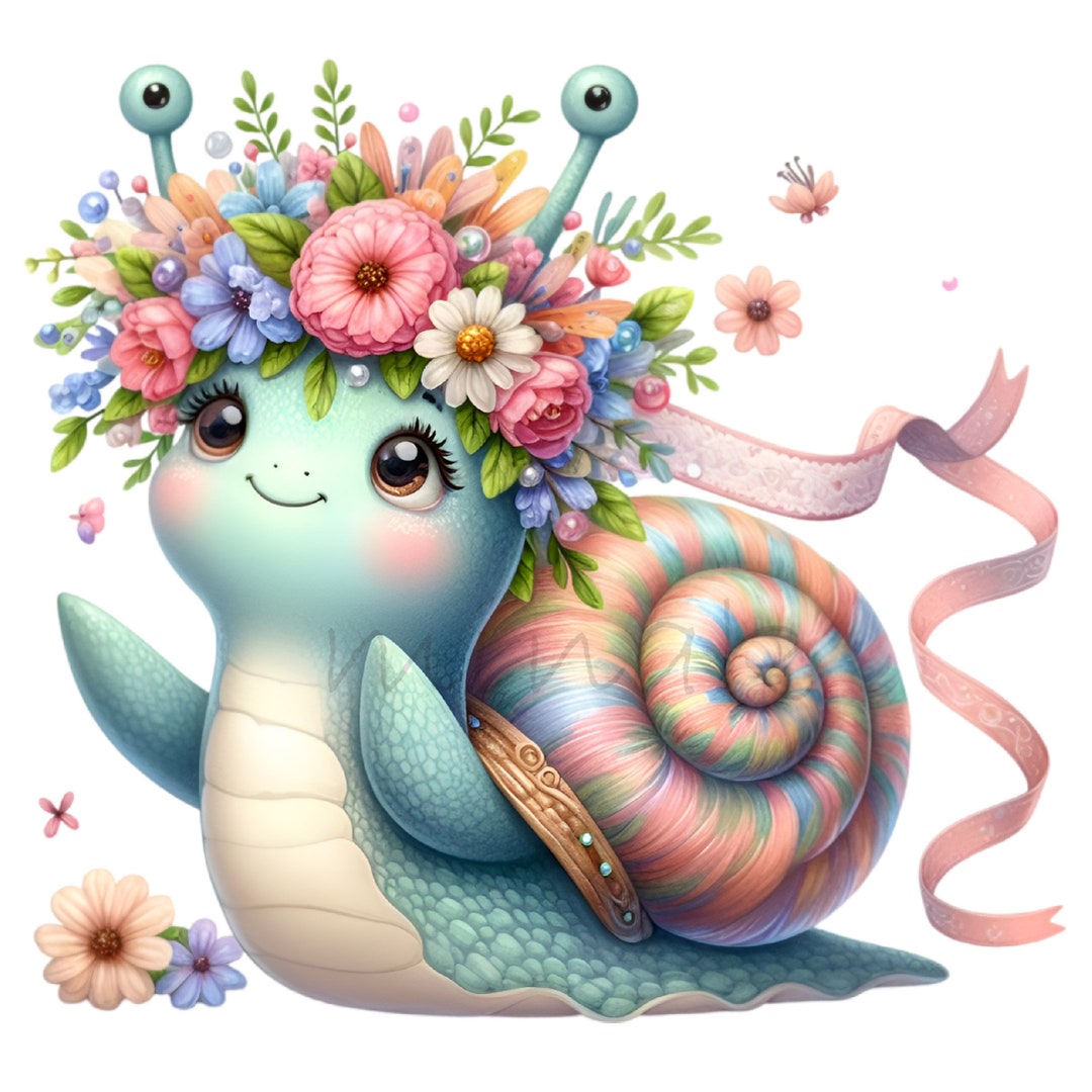 10 PNG Floral Snail Clipart - Cute Pastel Snail PNG With Flower Crown ...