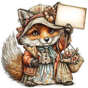 10 PNG Blank Sign – Vintage Fox Clipart – Cute PNG for Cards, Labels ...