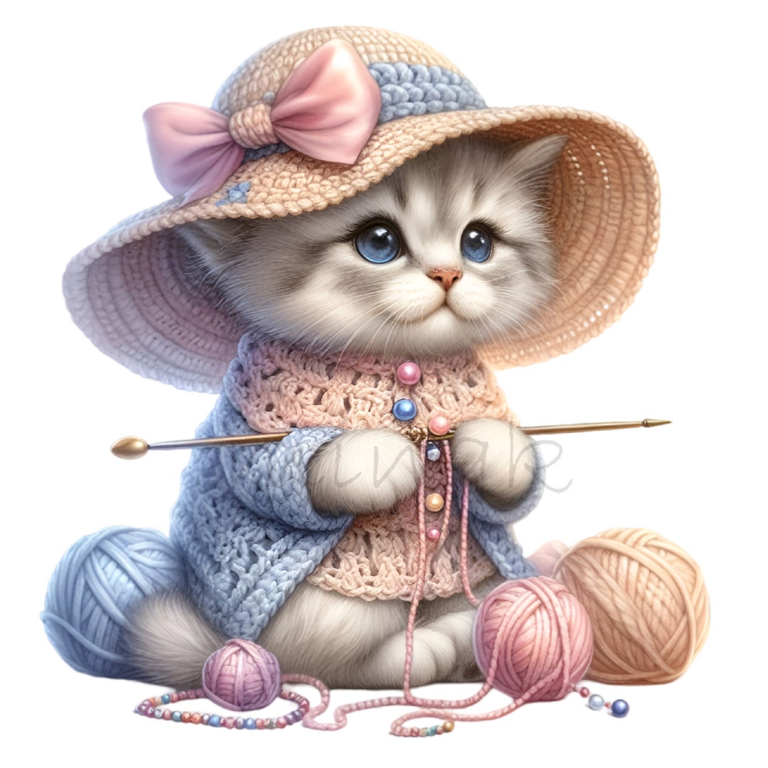 12 Cute Cat PNG Clipart Crocheting With Yarn Balls, Kitty in Hat and ...
