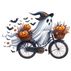 Halloween Ghost Clipart on Bicycle With Pumpkin and Candles 10 PNG ...