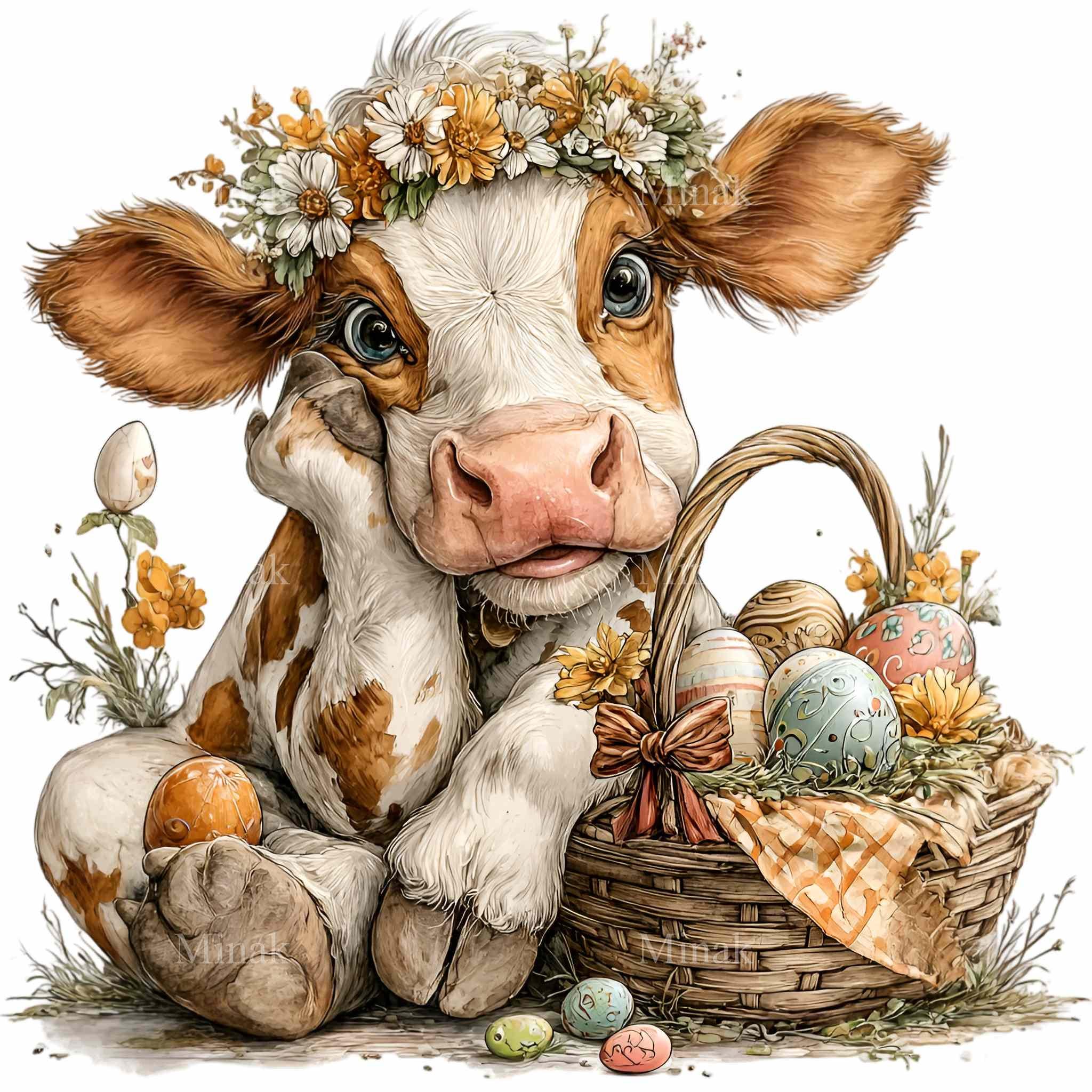 15 PNG Easter Cow Clipart – Spring Farm Animal Illustration, Floral ...