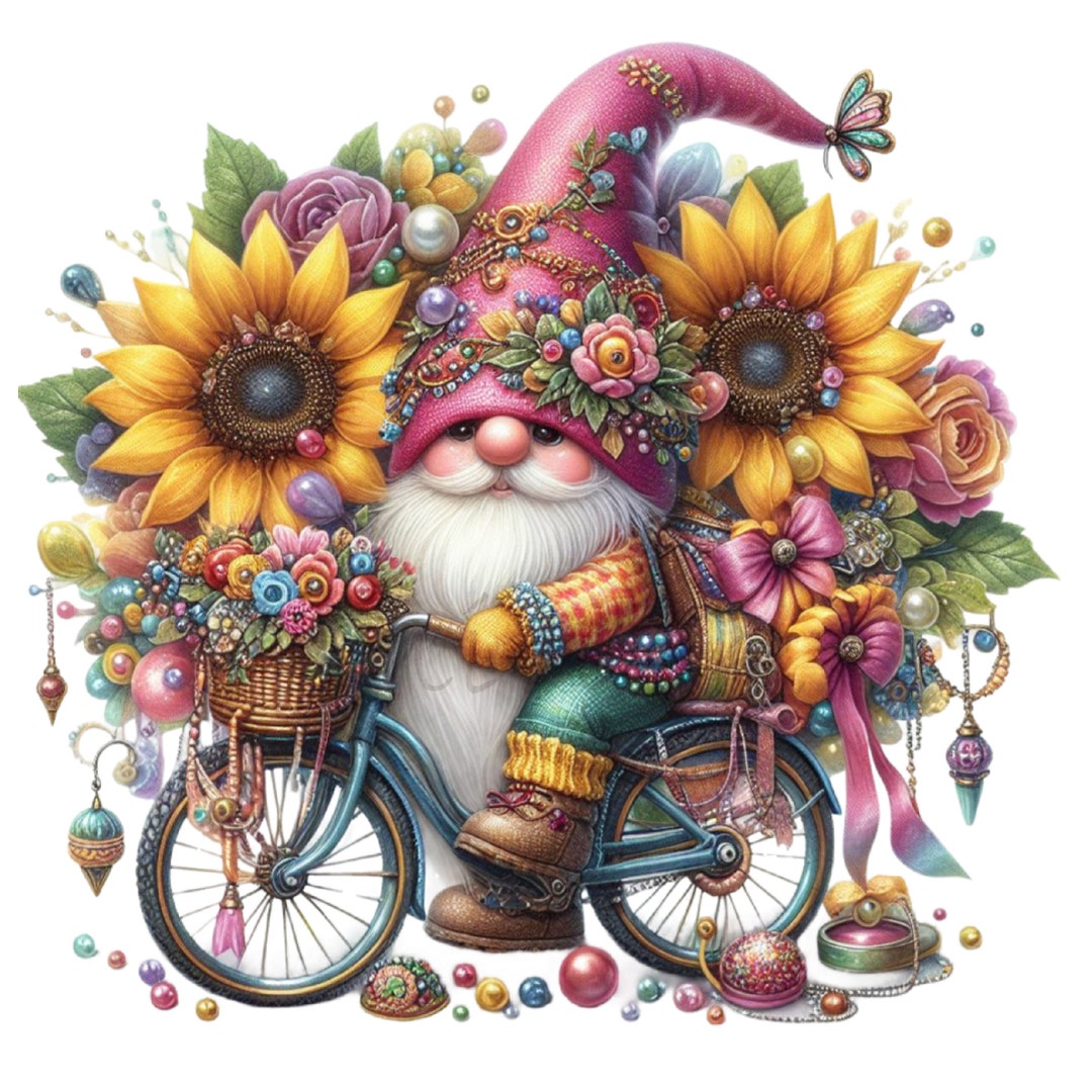 10 Garden Gnome Clipart PNG | Cute Gnome on Bicycle With Sunflowers and ...