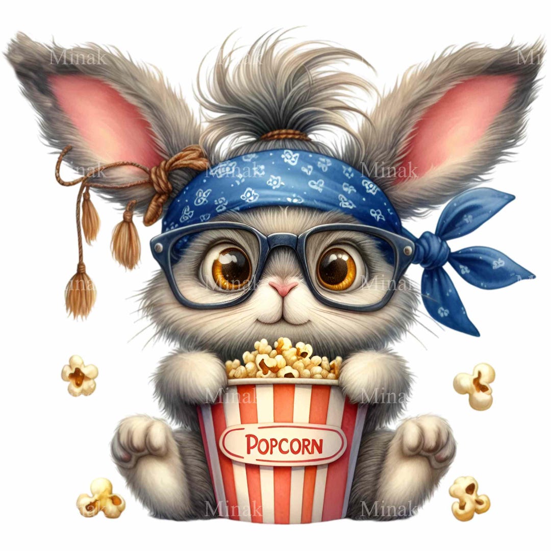 12 PNG Movie Bunny Popcorn Clipart, Nerdy Rabbit Sublimation Theater ...