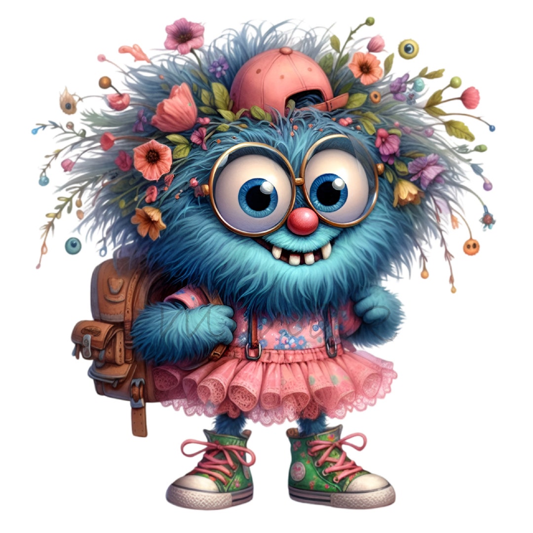 12 Blue Monster Clipart PNG, Cute Monster With Flowers and Backpack ...