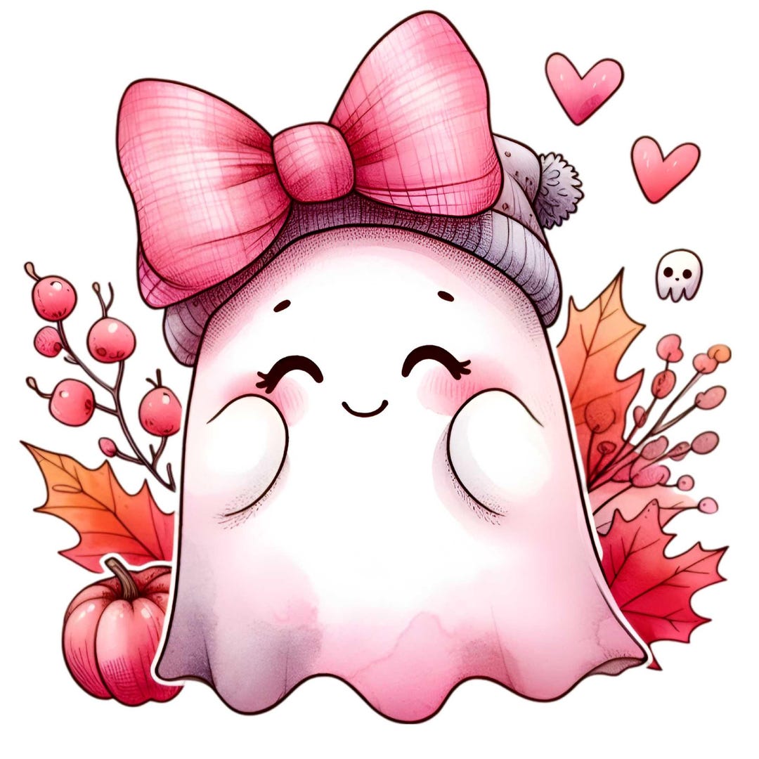 Blushing Ghost With Pink Bow and Beanie PNG, 12 Adorable Fall Halloween ...