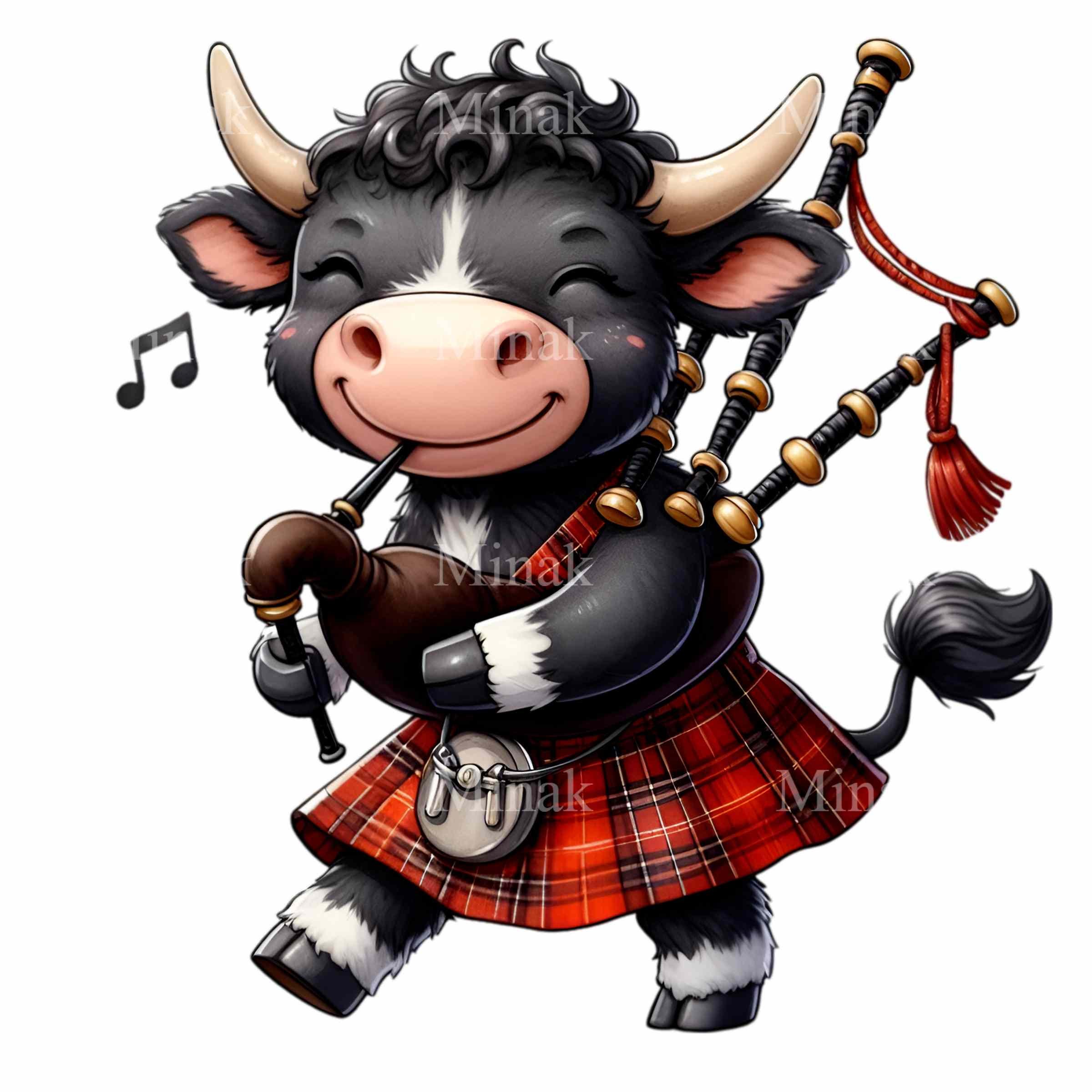 Scottish Highland Cow Playing Bagpipes Clipart, 12 Cute Tartan Cow ...
