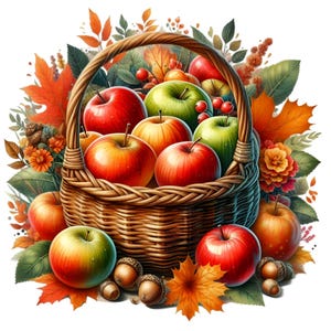 Autumn Apple Basket Clipart PNG, 12 Rustic Fall Harvest Illustration ...