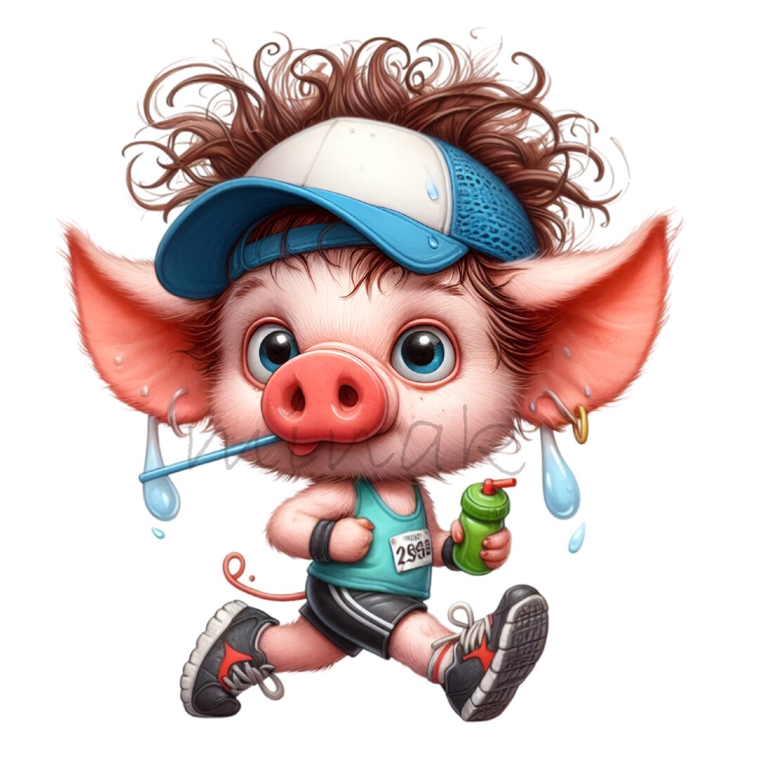 15 Cute Running Pig PNG, Marathon Piglet With Blue Cap & Sweatband ...