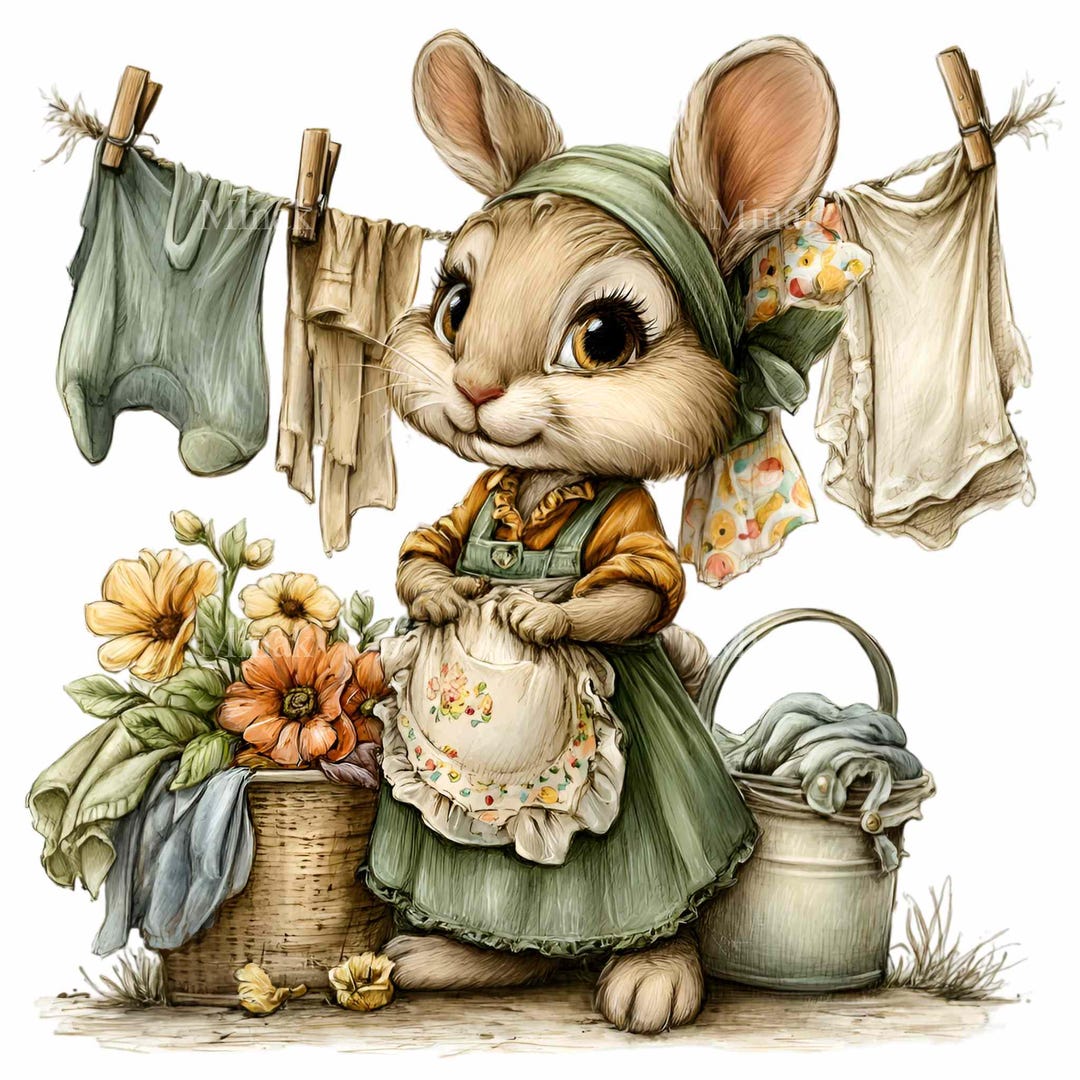 15 PNG Laundry Bunny Clipart – Rabbit PNG – Farmhouse Cottage Digital Download for Crafts ...