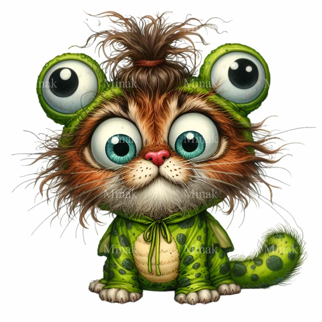 Cute Cat in Frog Costume PNG Clipart 12 Whimsical Animal Illustration ...