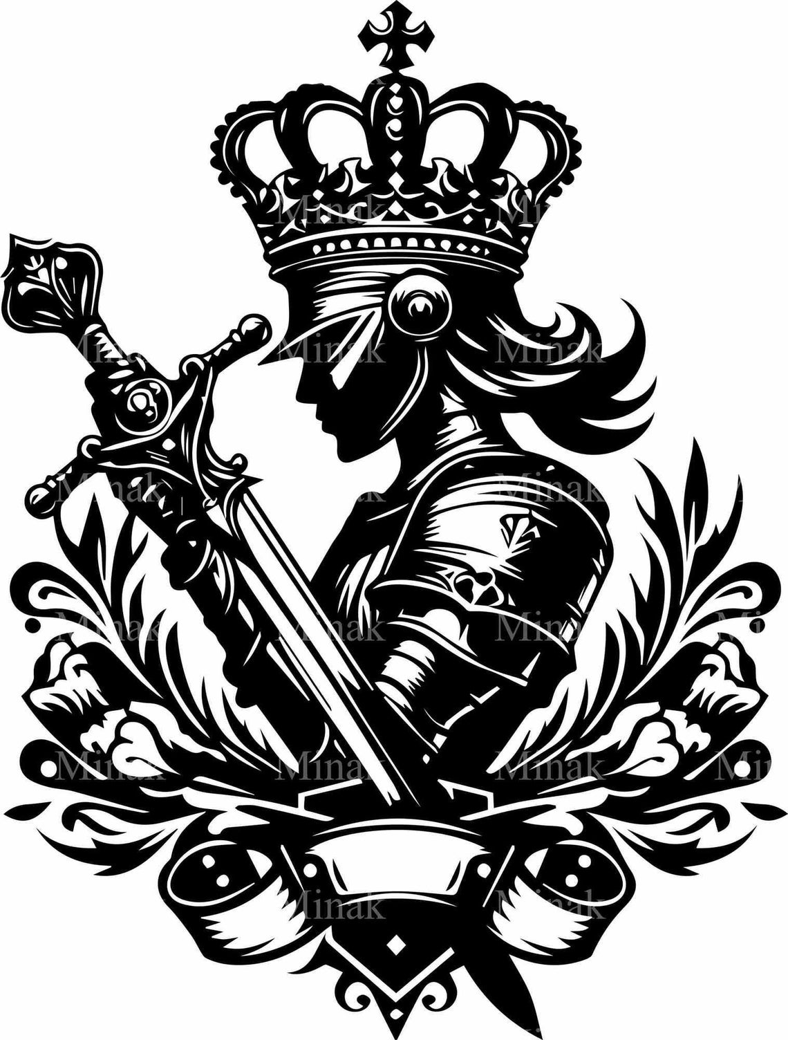 6 SVG Queen With Sword SVG, Warrior Woman Silhouette, Royal Lady Crown ...