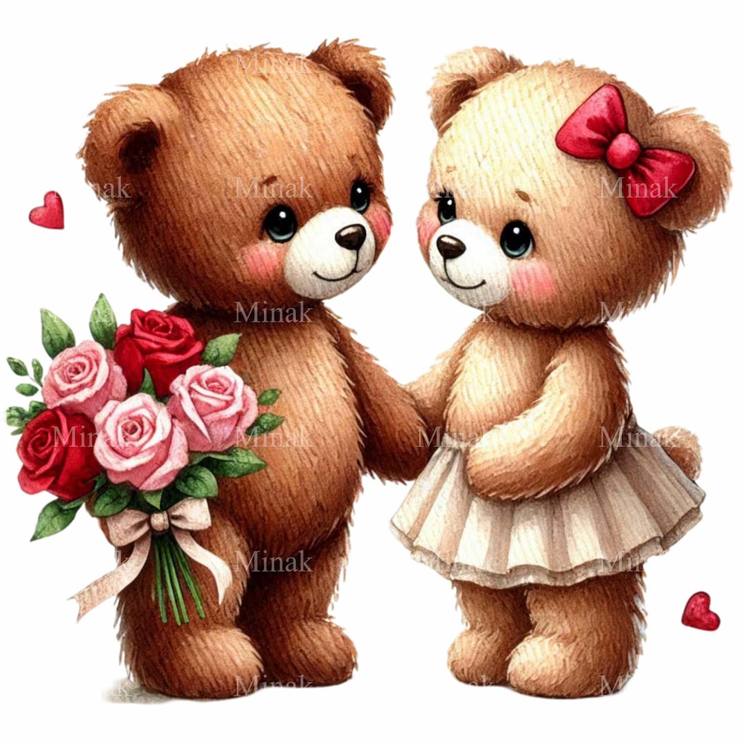 10 Cute Bears PNG Clipart With Roses and Hearts, Romantic Bear Couple ...
