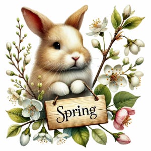 14 Spring Bunny PNG Clipart - Adorable Rabbit With Blossoms and Wooden ...