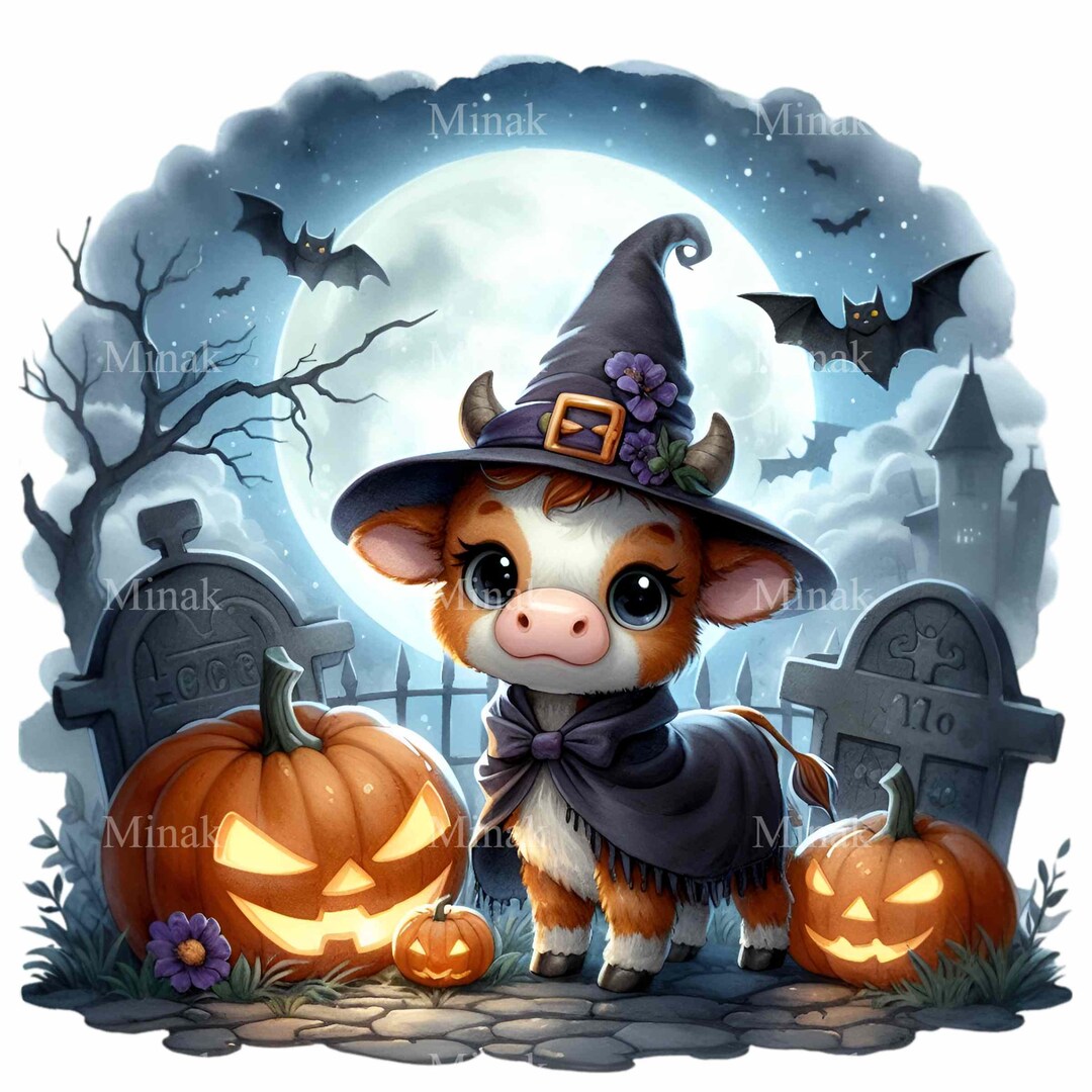 Cute Halloween Cow Clipart With Witch Hat and Pumpkins, 12 Digital PNG ...