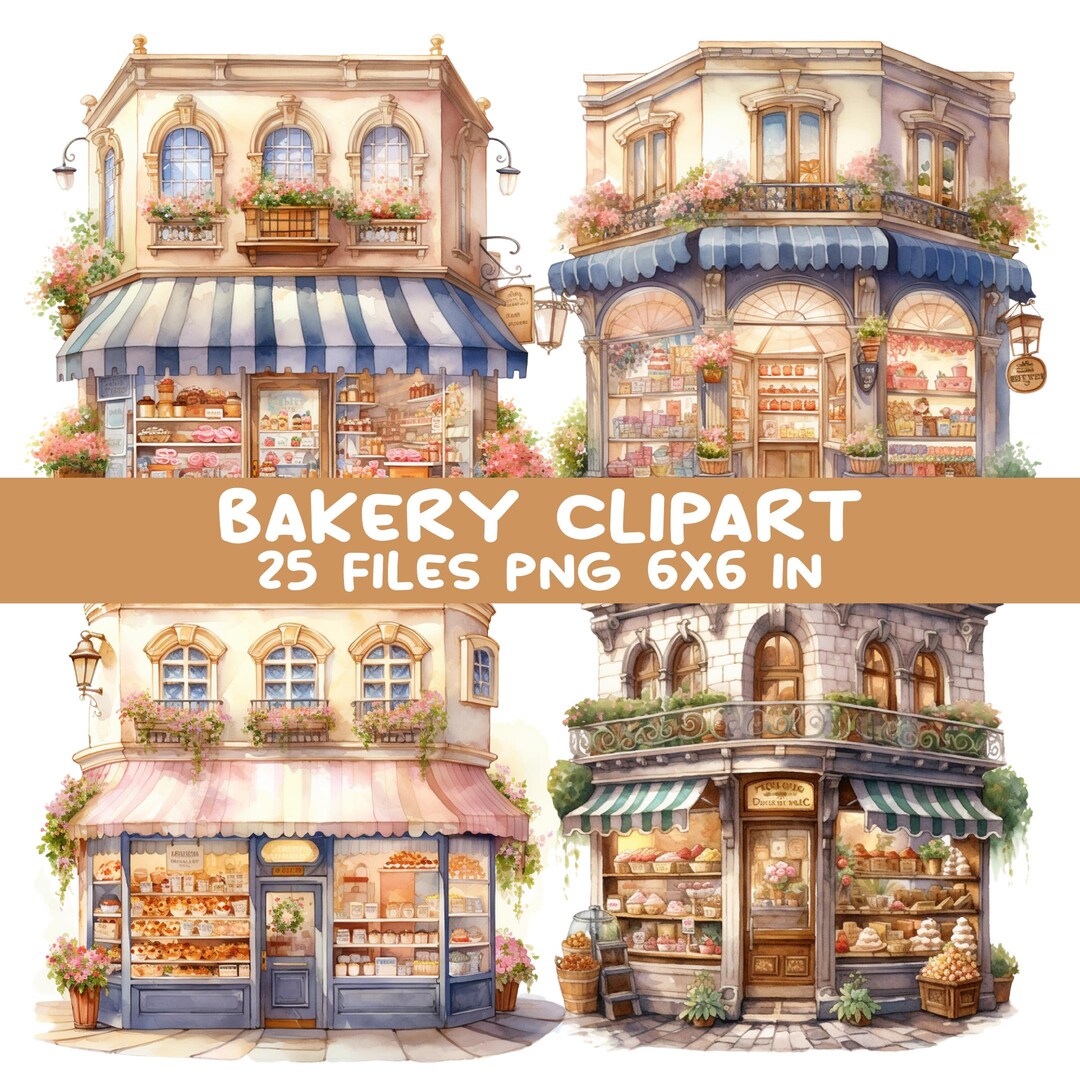 Bakery Clipart Set, 25 PNG Files, Digital Art of Vintage Bakery Shops ...