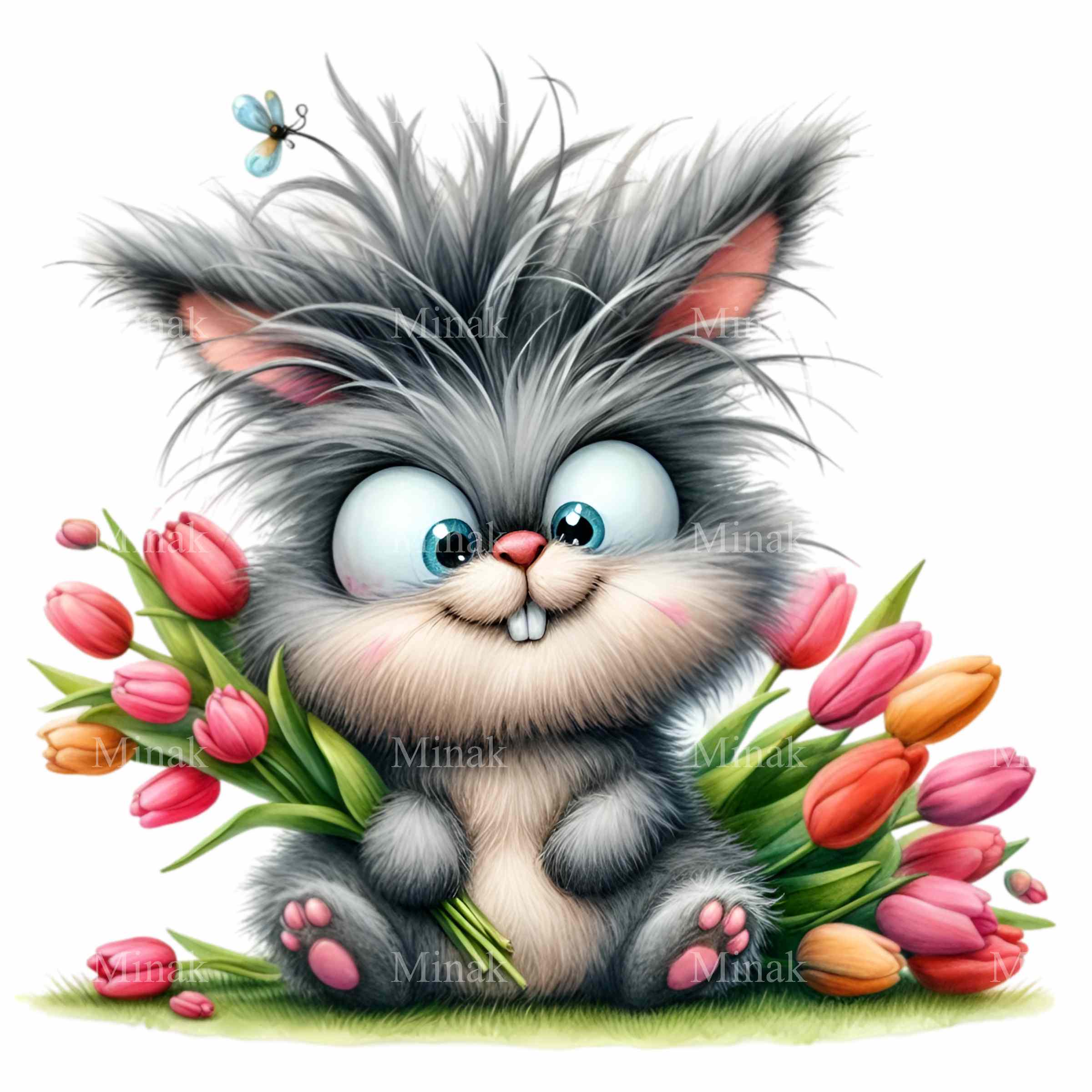12 PNG Spring Bunny Clipart – Cute Fluffy Rabbit With Tulips – Easter ...